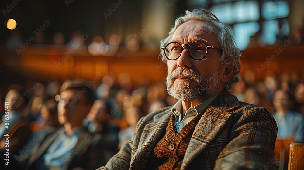 An older man with glasses is sitting in a theater watching a play Stock ...