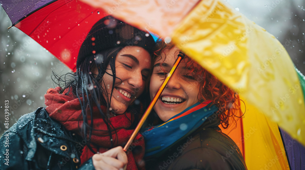 Joyful moments under a rainbow umbrella in the rain. A candid shot of ...