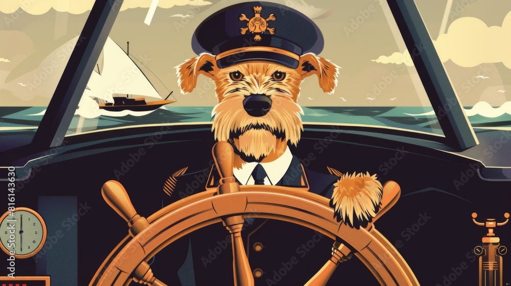 A cartoon-inspired illustration featuring a dog in a sailor outfit at ...