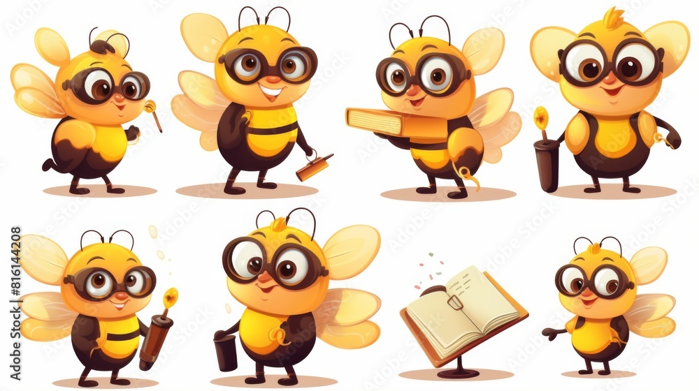 Cartoon bees are shown being busy with different props like pencils ...