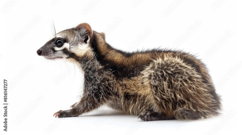A sharp, sideways view of a civet cat against a white background ...