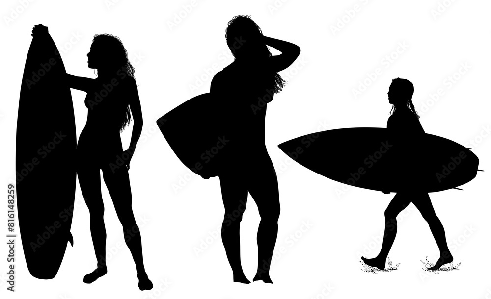 surfistas, contraluz, vector, tabla, surf, mar, atardecer, mujer ...