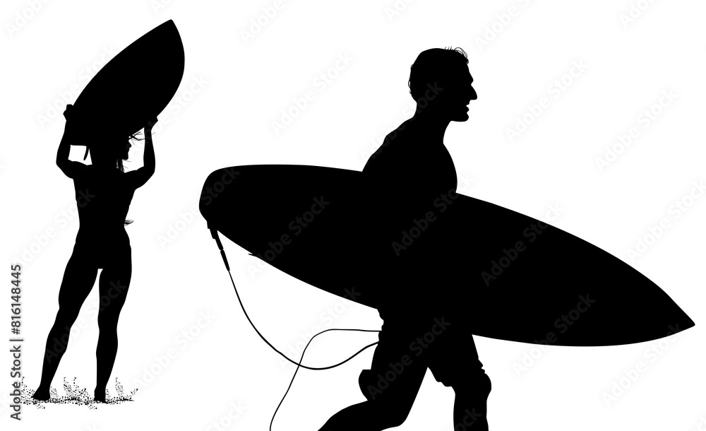 surfistas, contraluz, vector, tabla, surf, mar, atardecer, mujer ...