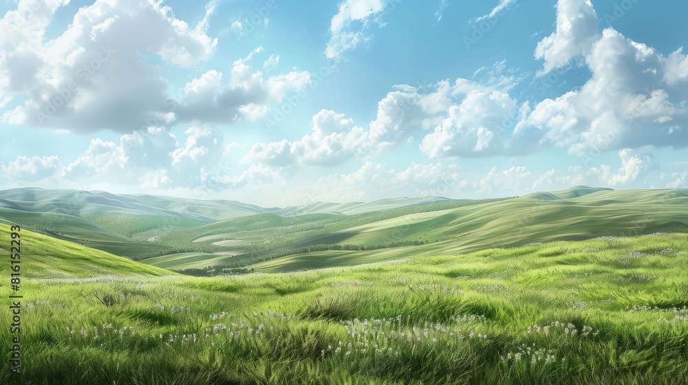 Beautiful summer landscape with green meadow and blue sky with clouds ...