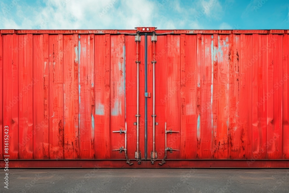 Bright red storage container with closed doors under a clear blue sky ...