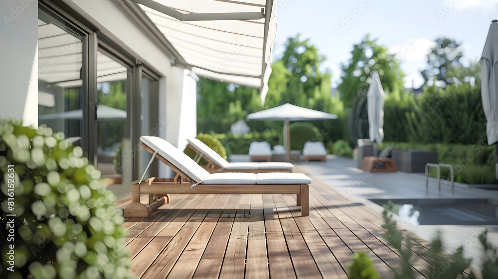 Terrace of a ground floor house with hedges and ornamental plants ...