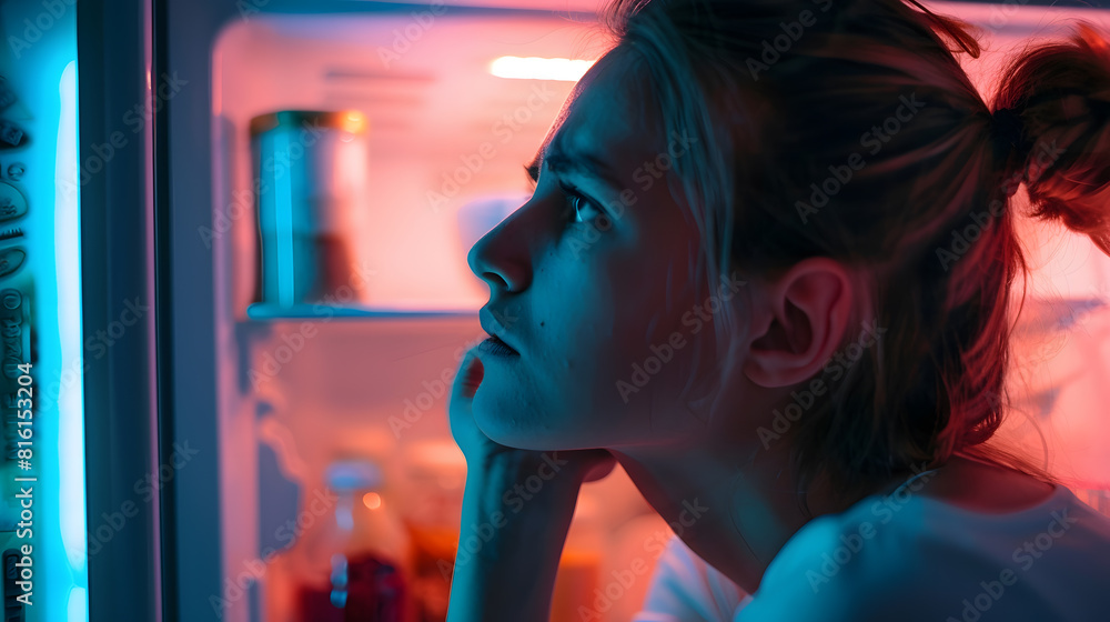 Worried girl looking at the almost empty fridge due to a crisis ...