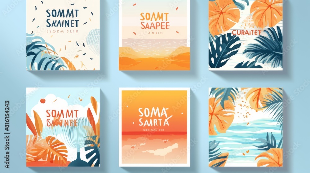 Six unique card designs with abstract beach scenes and foliage elements ...
