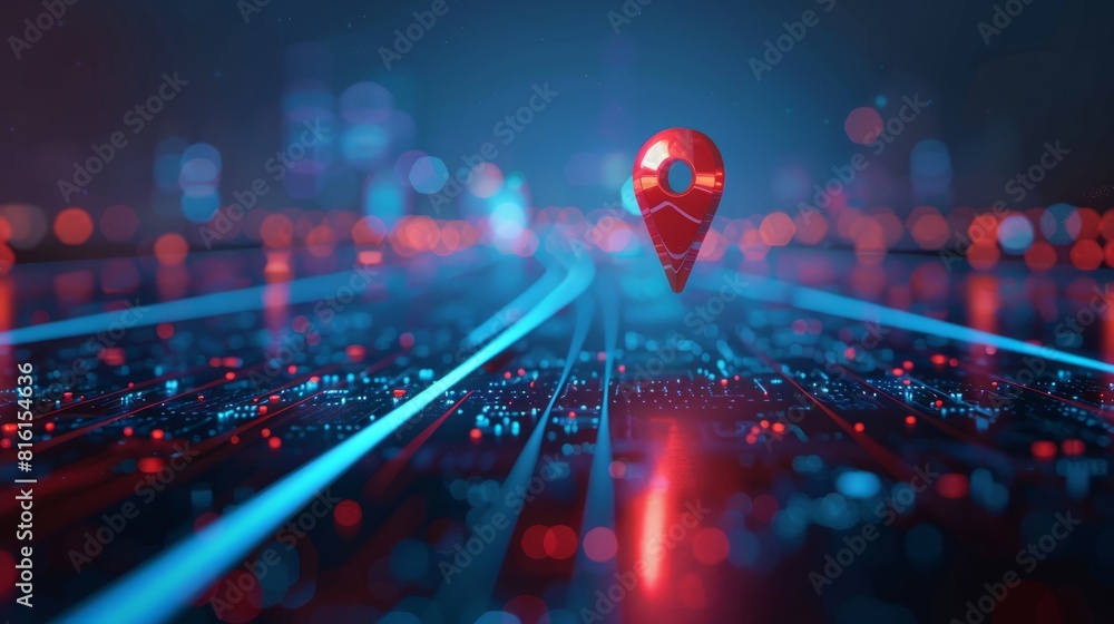 Navigation system route with panoramic city background in digital ...