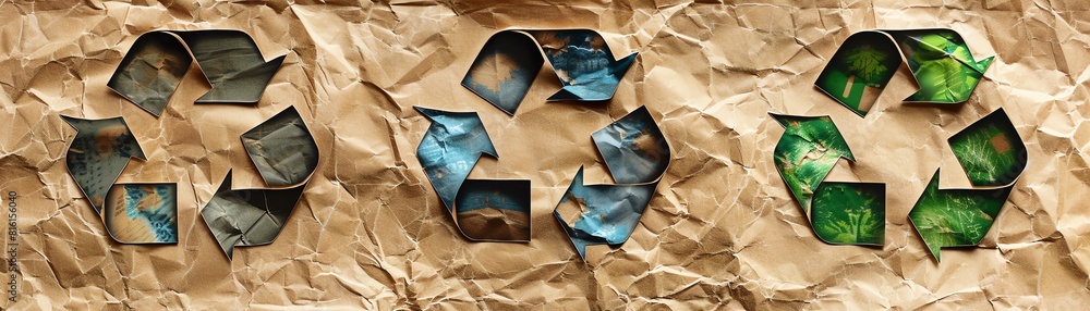 Sketch of recycle, reuse, reduce symbols on craft paper, educational ...