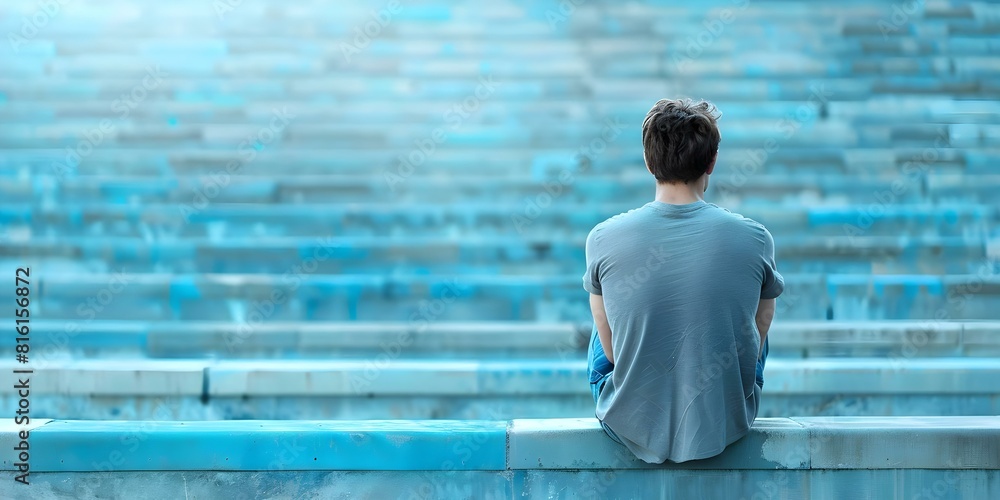 Lonely male high school student sitting alone in stadium due to mental ...