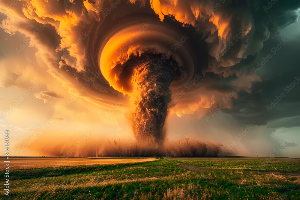 Tornado. Digital art. Massive tornado, cyclone on land with huge clouds ...