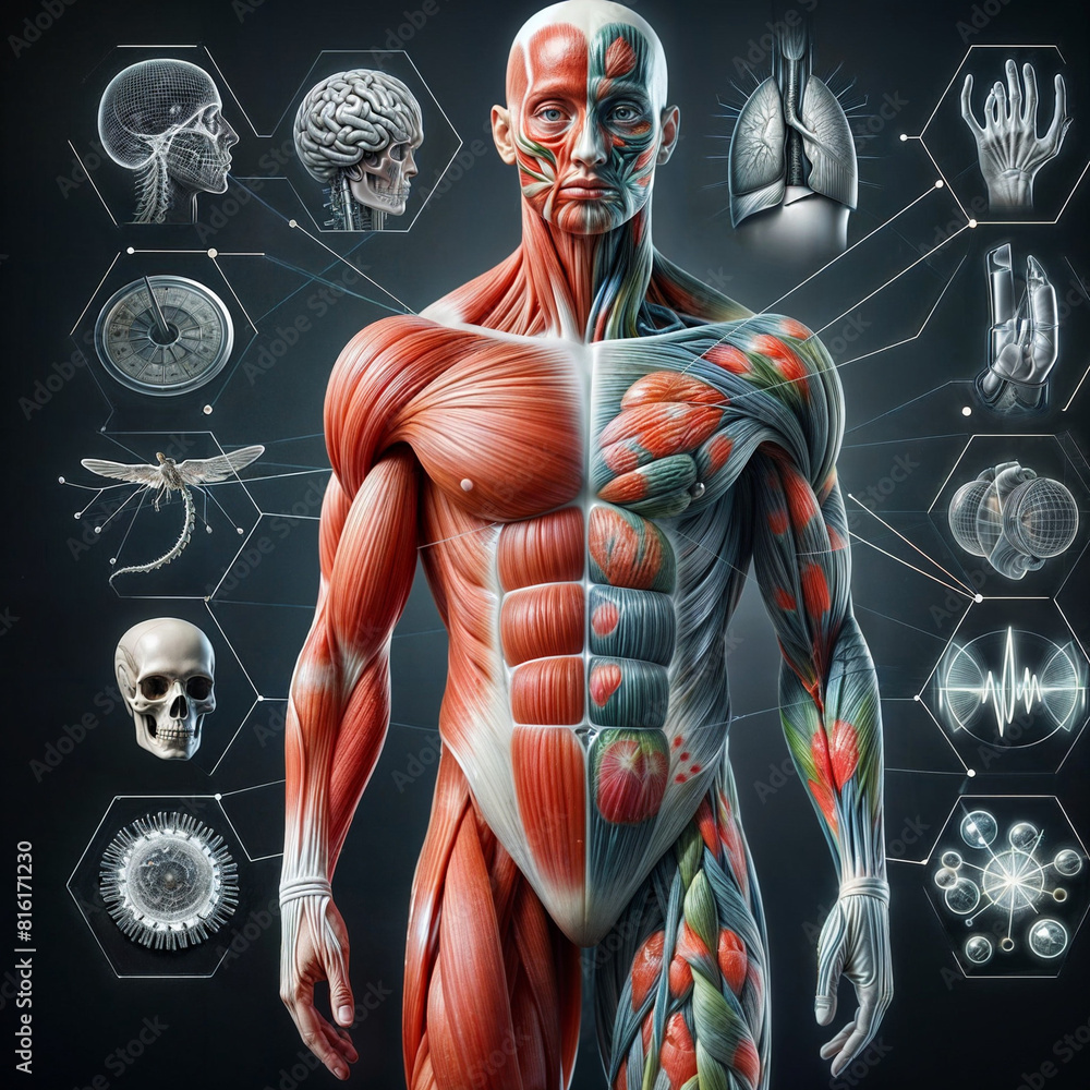 Conceptual anatomy healthy skinless human body, muscle system set,3d ...