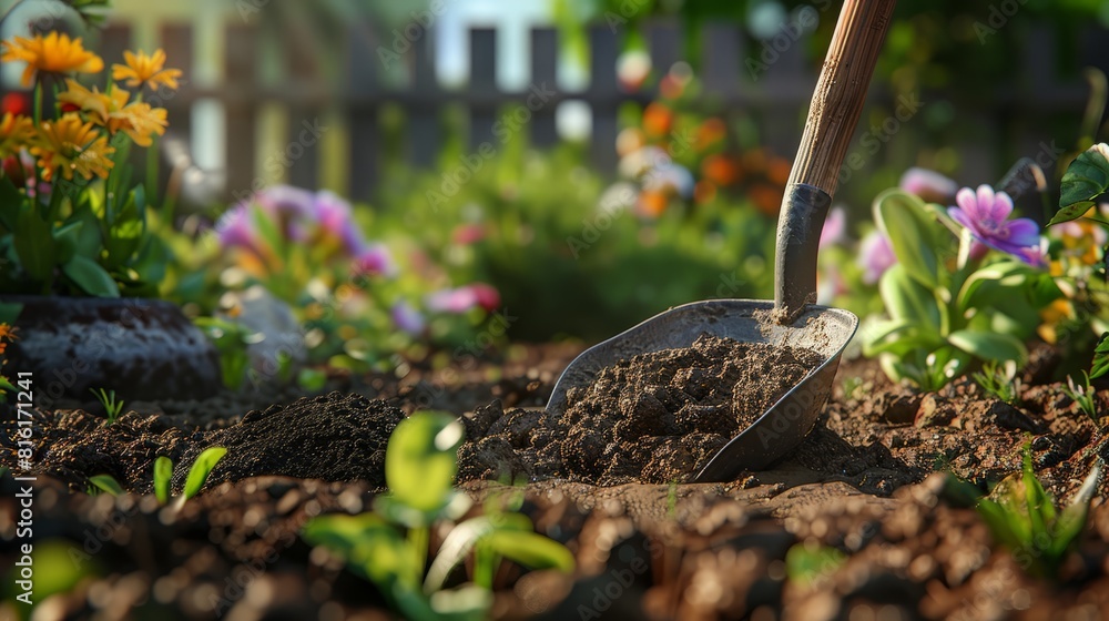 Shovel in soil in a garden. Preparing the soil for gardening by digging ...