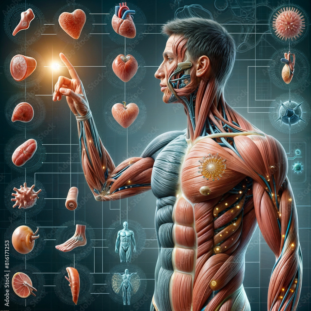 Conceptual anatomy healthy skinless human body, muscle system set,3d ...