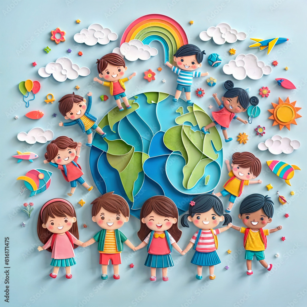 Happy world childrens day illustration of little kids around the world ...