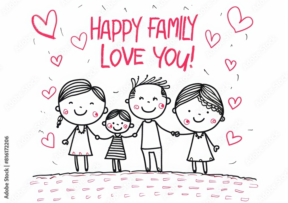 Doodle drawing of a simple cute family holding hands with text "HAPPY ...