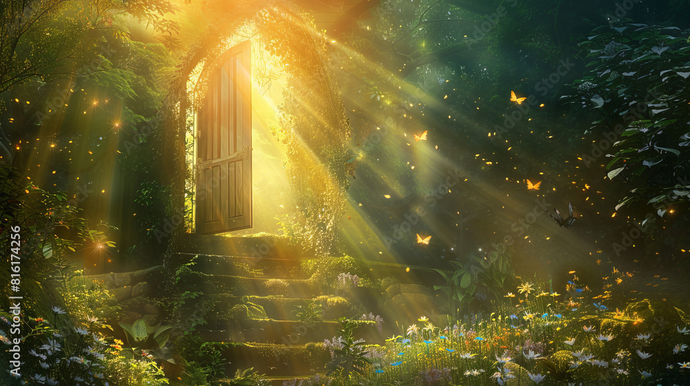 Fantasy enchanted fairy tale forest with magical opening secret wooden ...