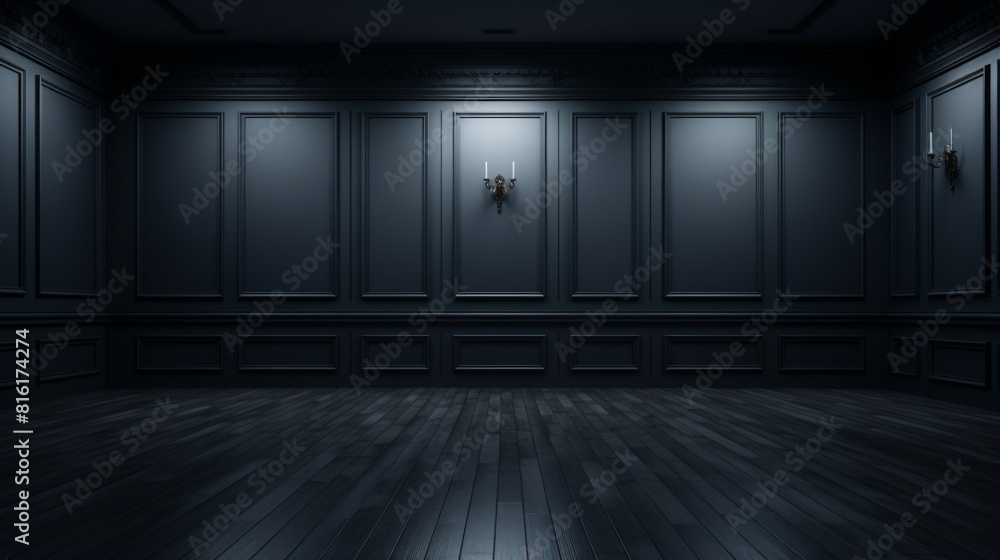 An opulent dark room with classic wall paneling, and elegant sconces ...