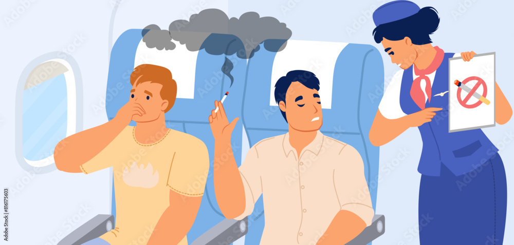 Stewardess asking male passenger to stop smoking in airplane on board ...