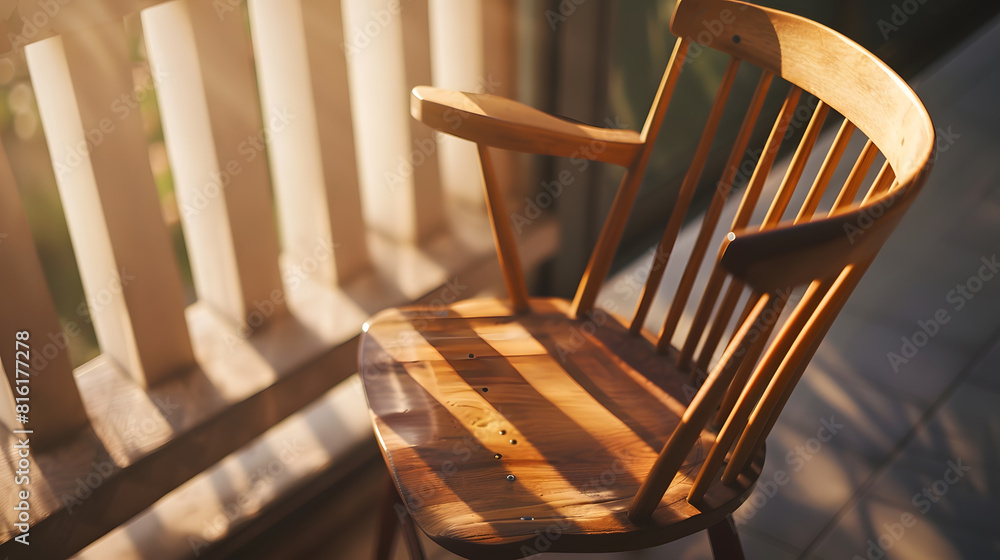 horizontal photo of an Empty wooden chair on balcony in sunlight ...