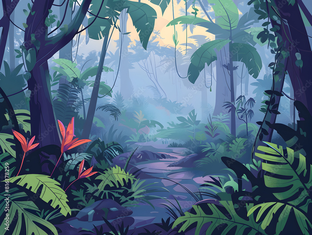 Vivid Detailed Illustration of Dense Tropical Jungle Scene - Lush ...