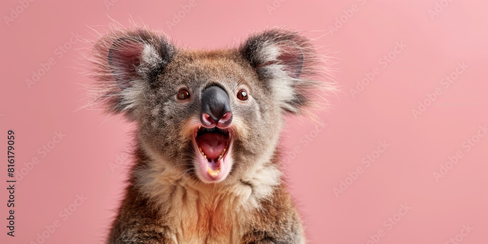 Koala with an open mouth on a pink background. The koala looks ...
