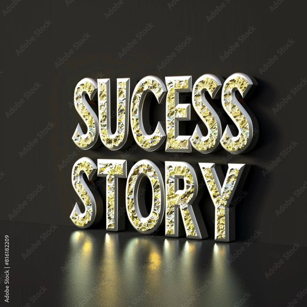 3d golden and silver "SUCCESS" "STORY" words, black solid background ...