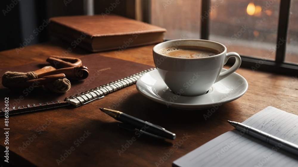 Steaming cup of coffee exudes warmth next to notebook, pen, set for ...