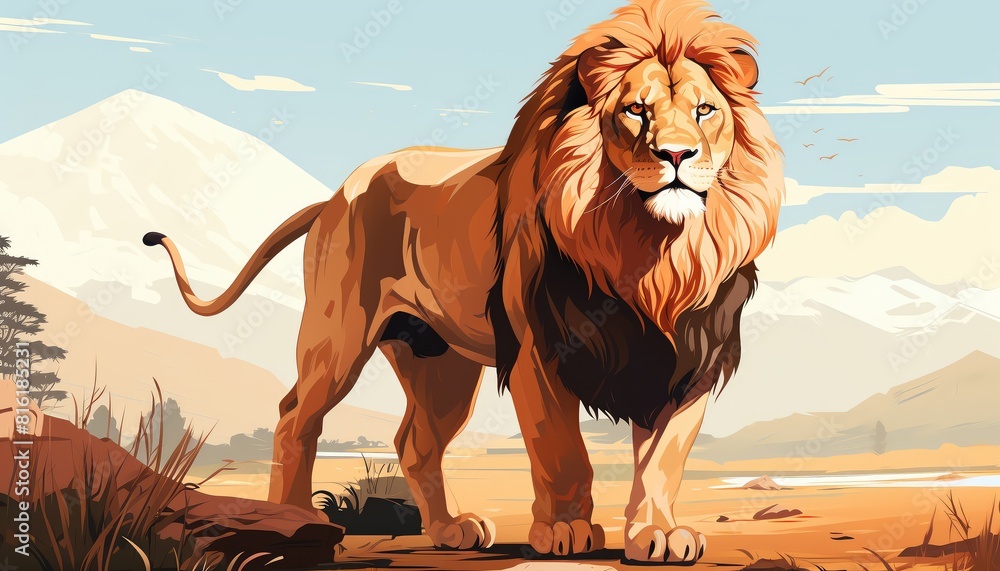 Lion flat design top view hunting tactics theme cartoon drawing ...