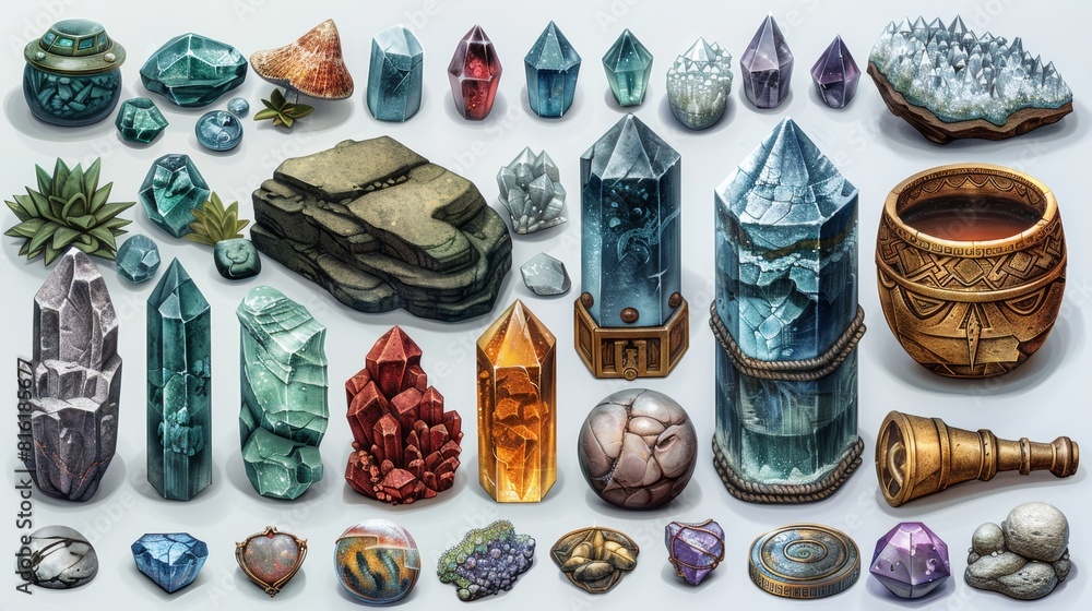 This collection of magical and adventure items includes crystals, gold ...
