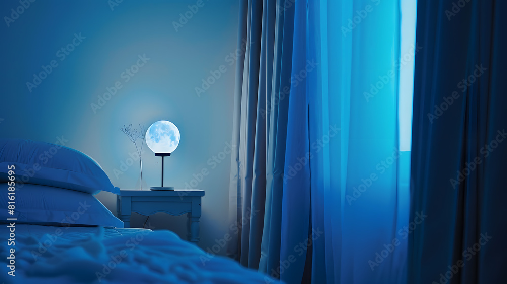Moonlight in bedroom at night from window Bed and table in dark room at ...