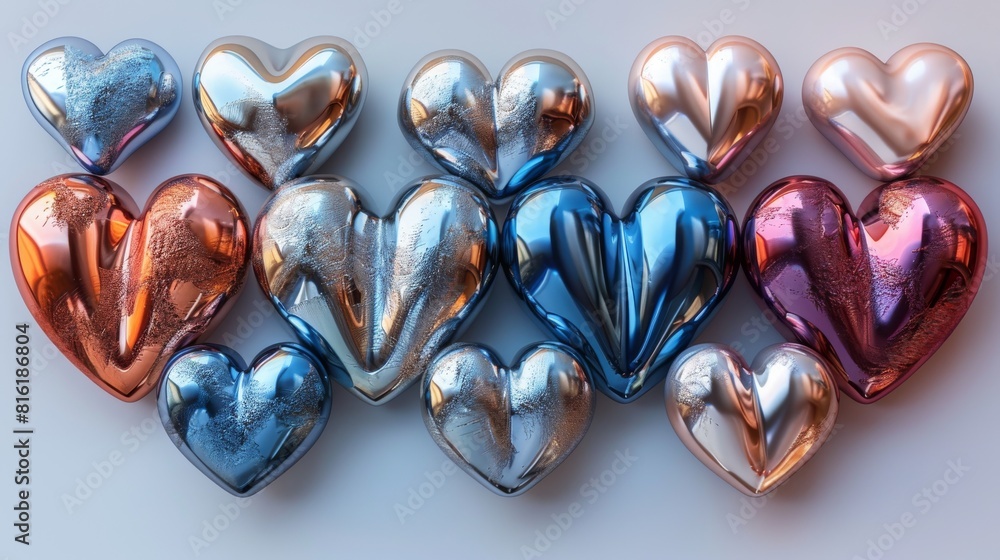 chrome heart shape set from y2k, modern silver liquid love icon ...
