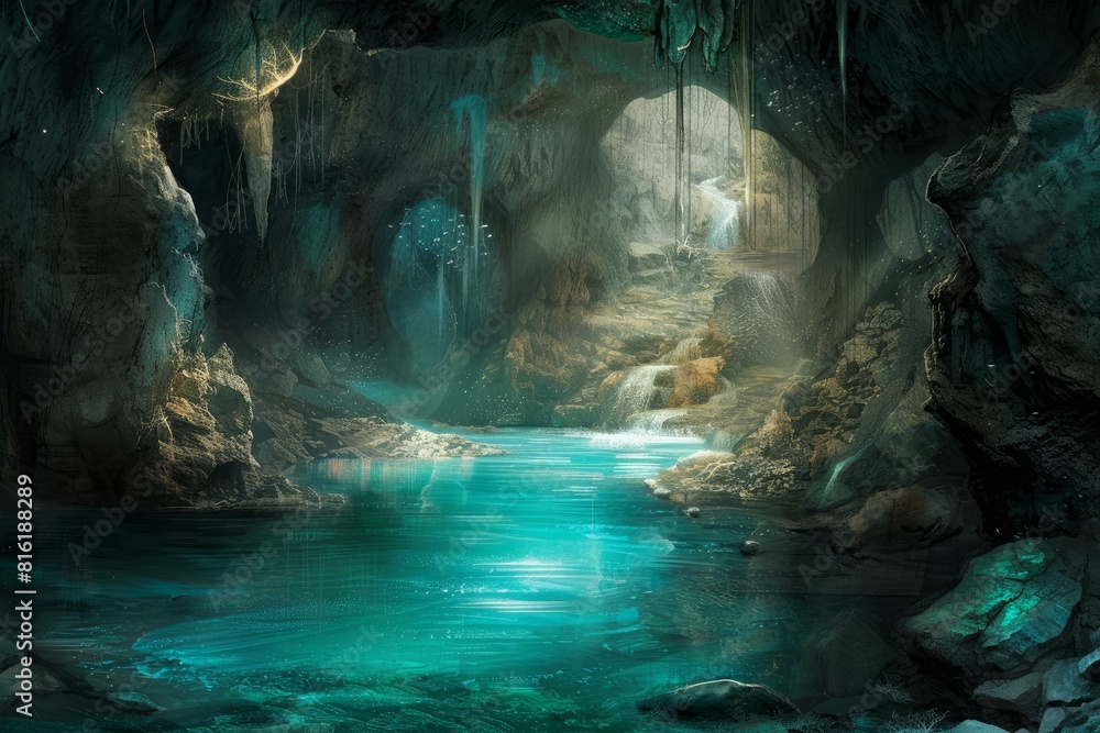 Mystical cave with a tranquil blue lake, illuminated by natural light ...