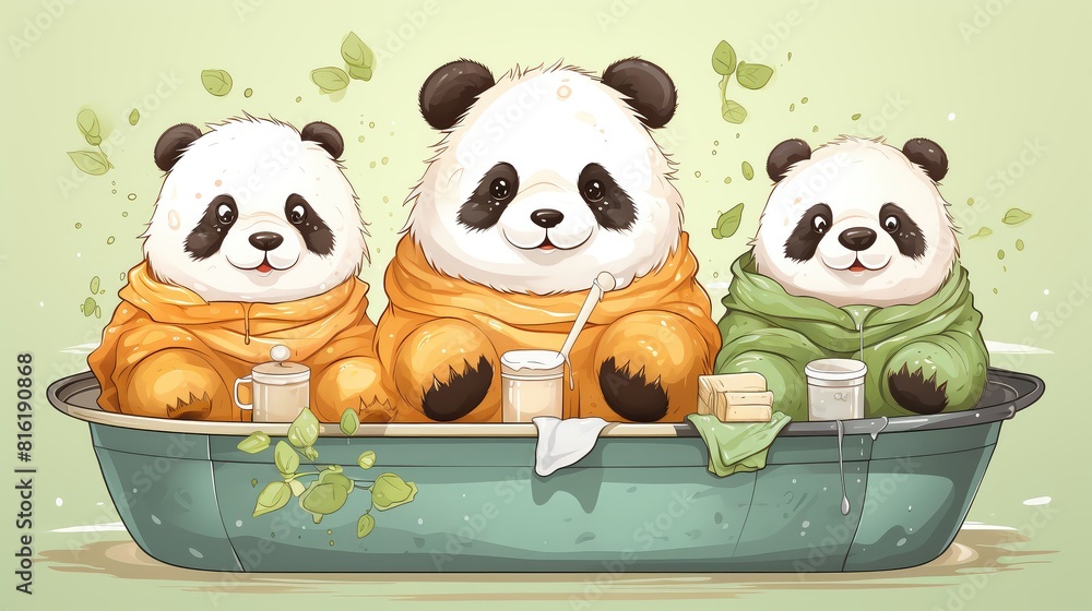 Panda flat design front view daily routines theme cartoon drawing ...