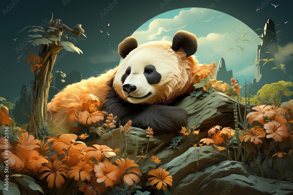 Panda flat design side view nap time theme 3D render Analogous Color ...