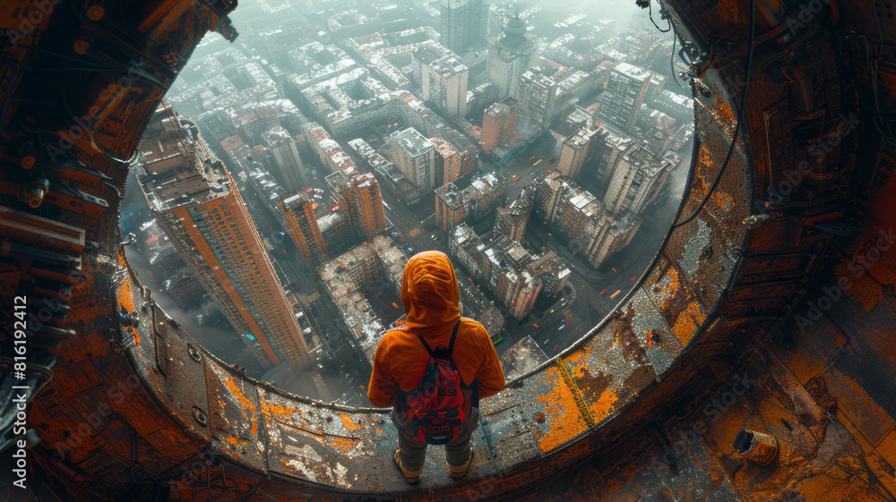 a 45 degree downwards angle of a city, taken from a 200 foot tall ...