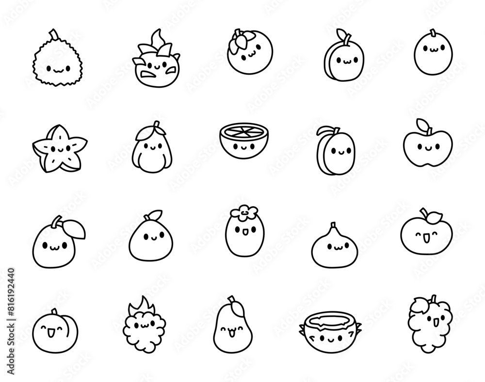 Cute cartoon fruits. Coloring Page. Kawaii character. Hand drawn style ...