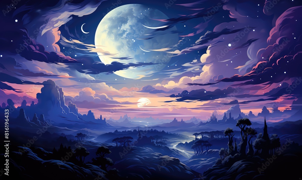 Realistic flat design front view night sky stars theme water color ...