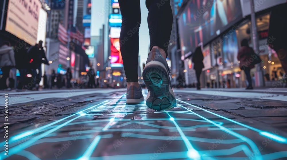 Person walking on a city street with digital, circuit-like patterns ...