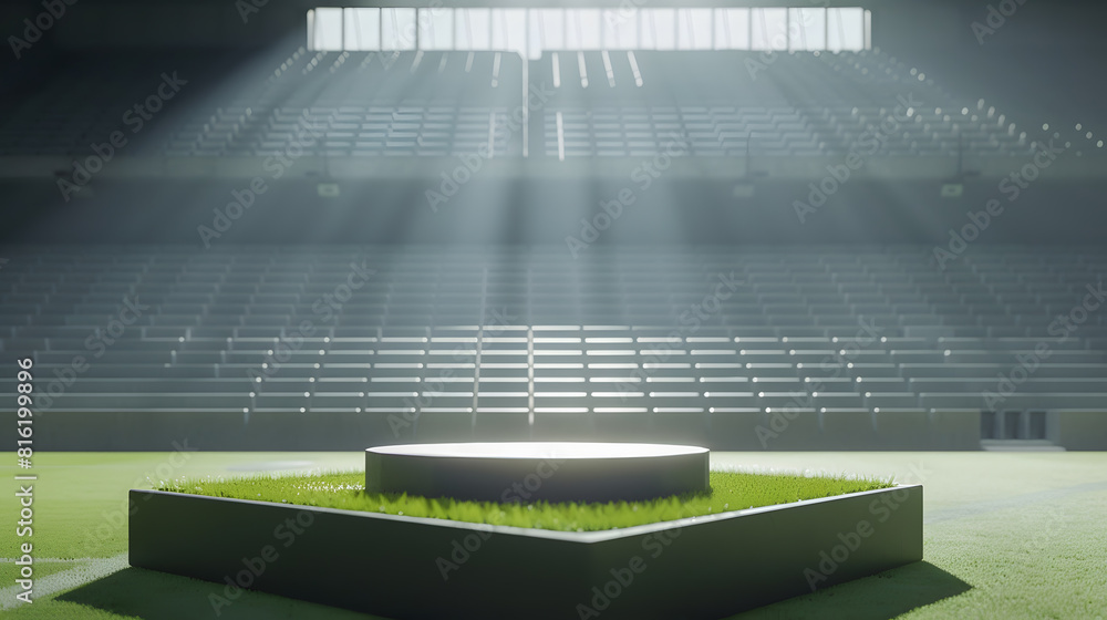 podium in the center of a stadium surrounded by rows of empty seats and ...