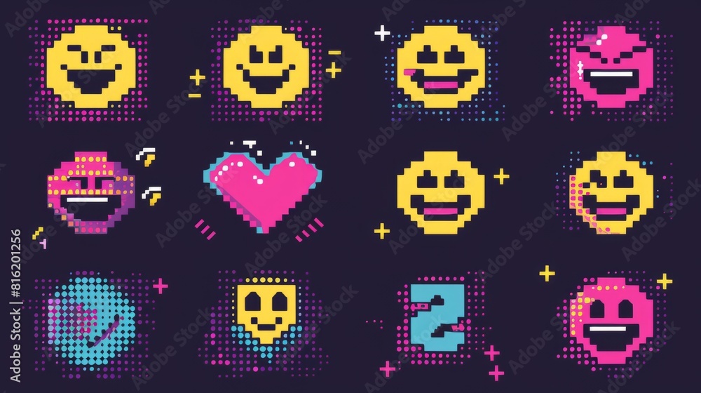 Set of Pixel Smile Game Icons Vector Design. 8bit vaporwave aesthetics ...