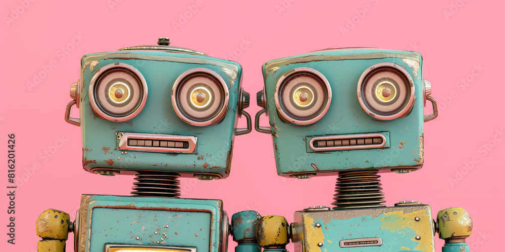 Depicting a quirky aesthetic, this image shows two cartoonish robots ...