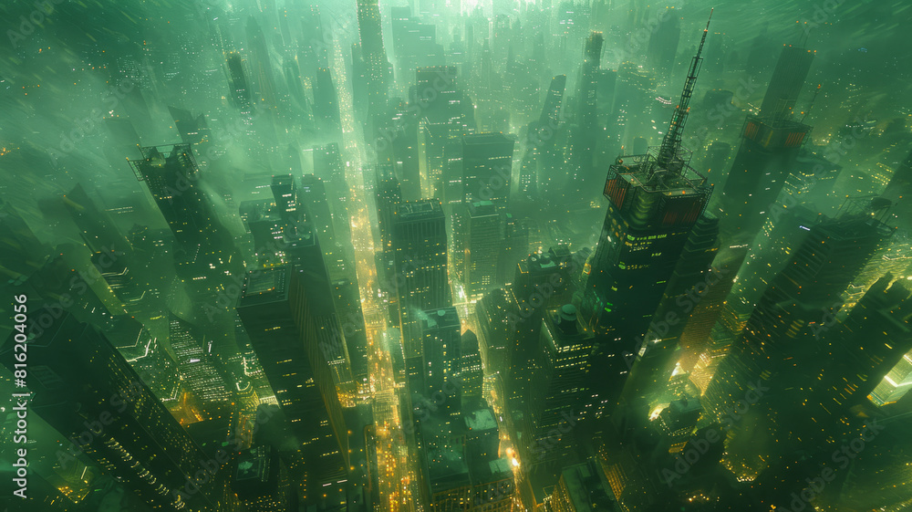 a 45 degree downwards angle of a city, taken from a 200 foot tall ...