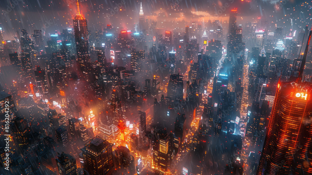 a 45 degree downwards angle of a city, taken from a 200 foot tall ...