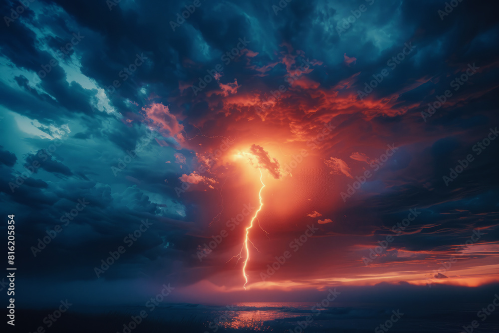 Stormy sky with lightning bolts over nature landscape. Lightning ...