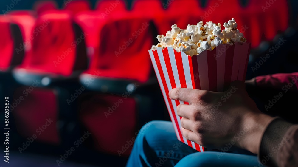 Movies and popcorn Man holding pop corn box at cinema Action thriller ...