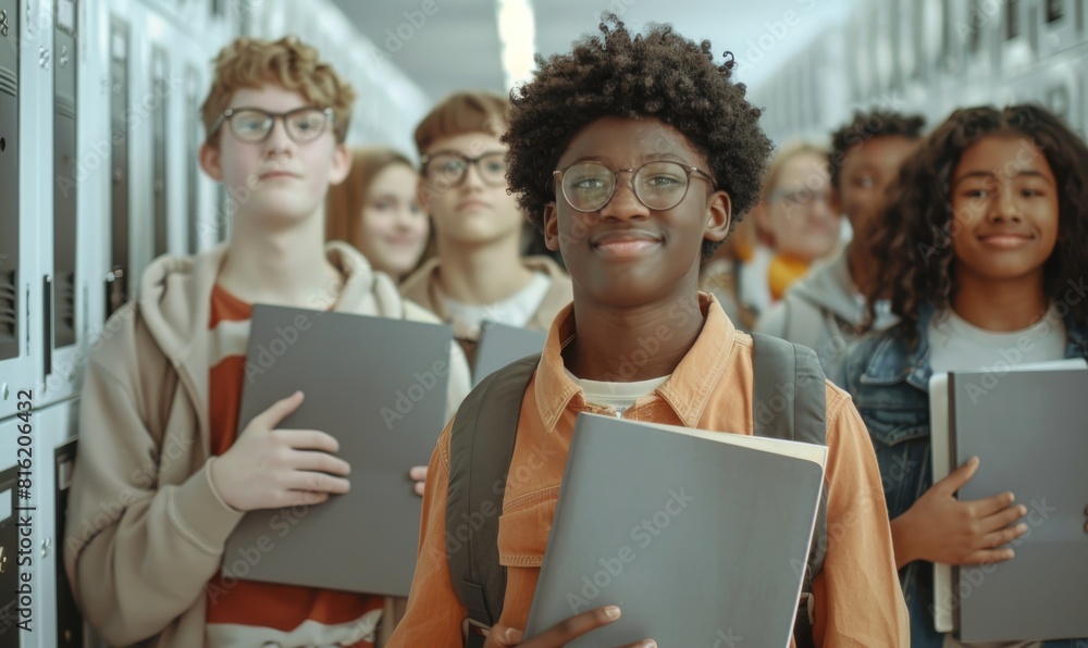 Diverse group of smiling students with books standing in a school ...