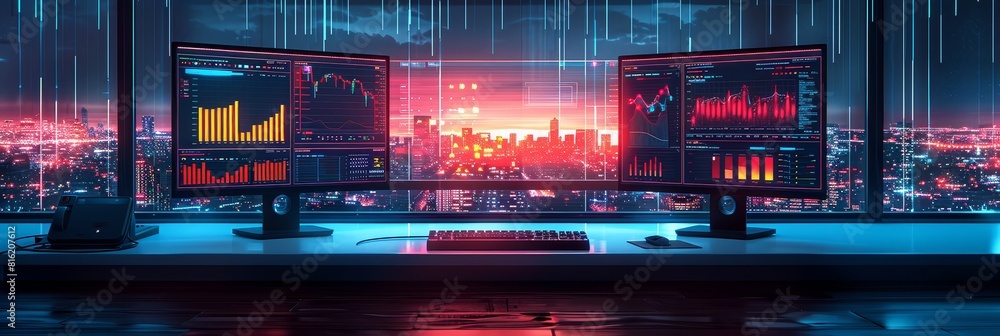 monitors displaying graphs and charts, surrounded by data ...