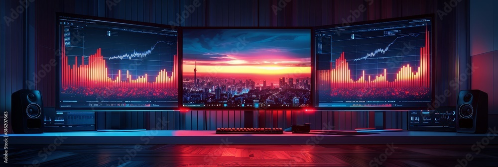 monitors displaying graphs and charts, surrounded by data ...